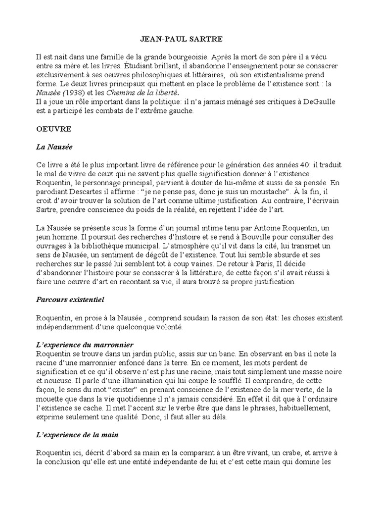 La Nausée : Parcours Existentiel de Sartre | PDF | Jean-Paul Sartre