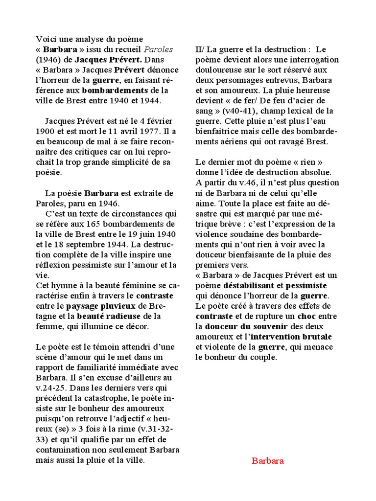 Analyse du poème "Barbara" de Prévert | PDF | Poésie