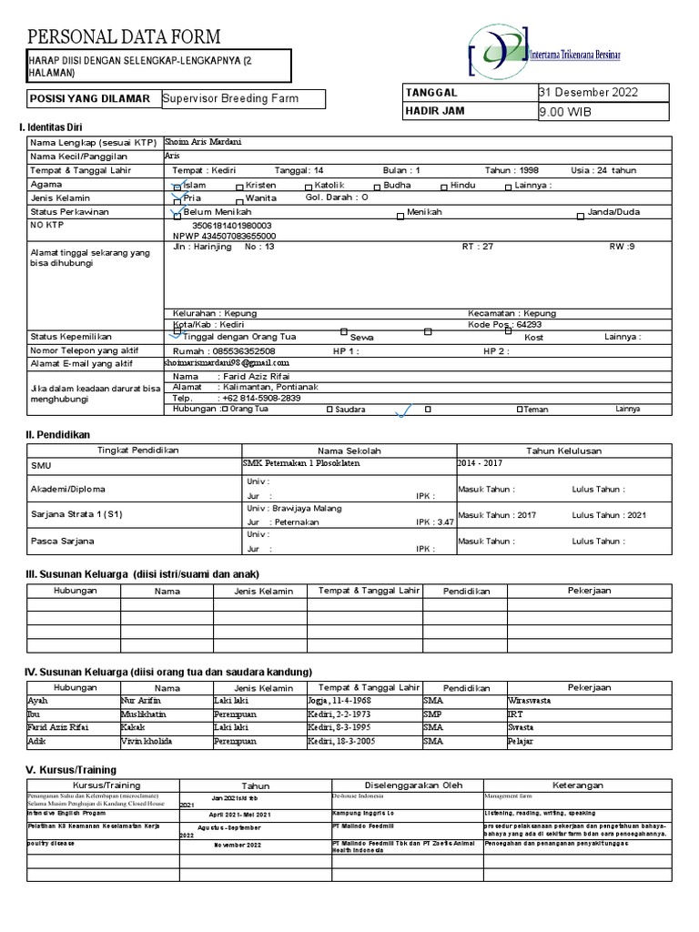 Form Biodata Karyawan | PDF