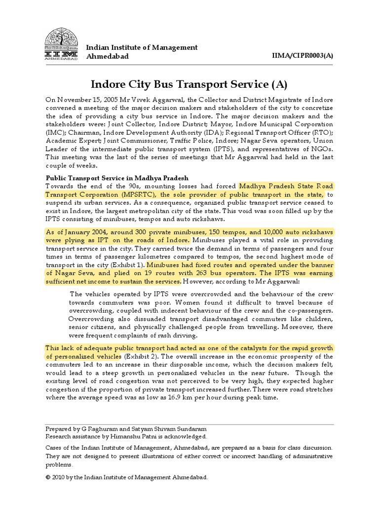 S6 1.indore City Bus Transport Service (A) - IIMA - Cipr0003 - A | PDF ...