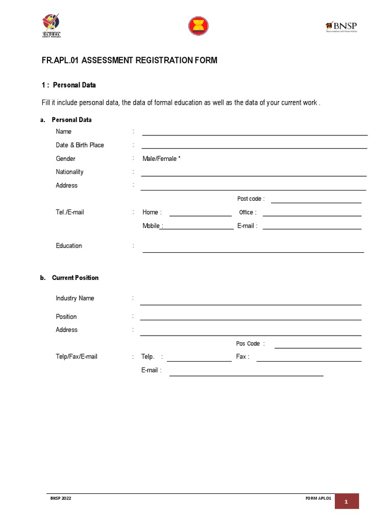 4.5.1 FR - APL.01 Assessment Registration Form (Fix) RECEPTION | PDF ...