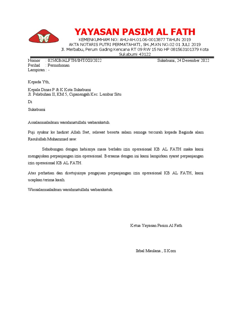 Surat Pengajuan Perpanjangan Izin Operasional 2023 | PDF