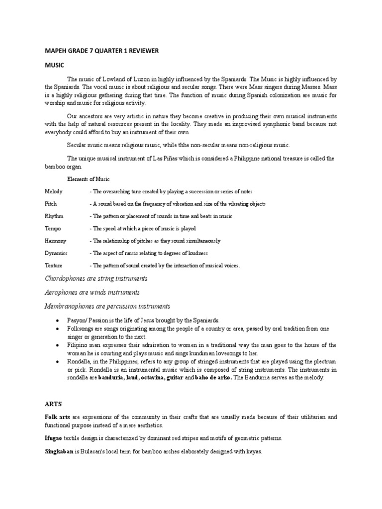 Grade 7 MAPEH Quarter 1 Review Guide | PDF | Musical Instruments ...