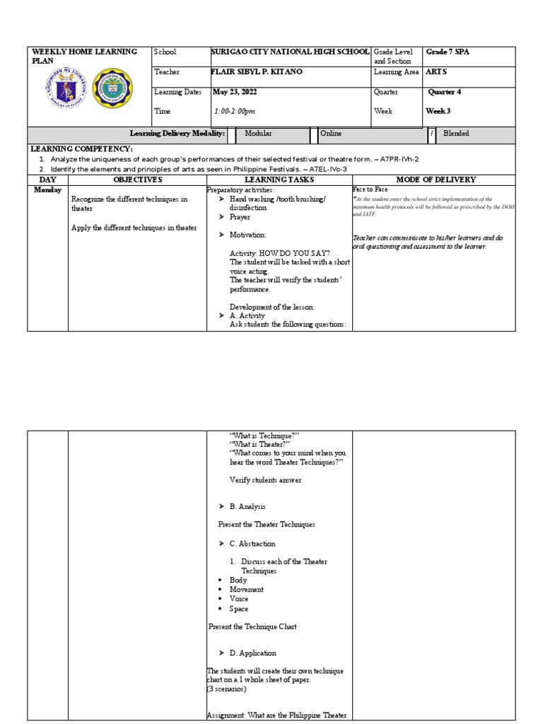 Weekly Home Learning Plan | PDF | Learning | Theatre
