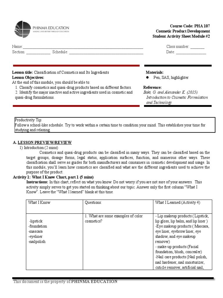 Template - SAS Module 2 - Classification of Cosmetics and Its ...