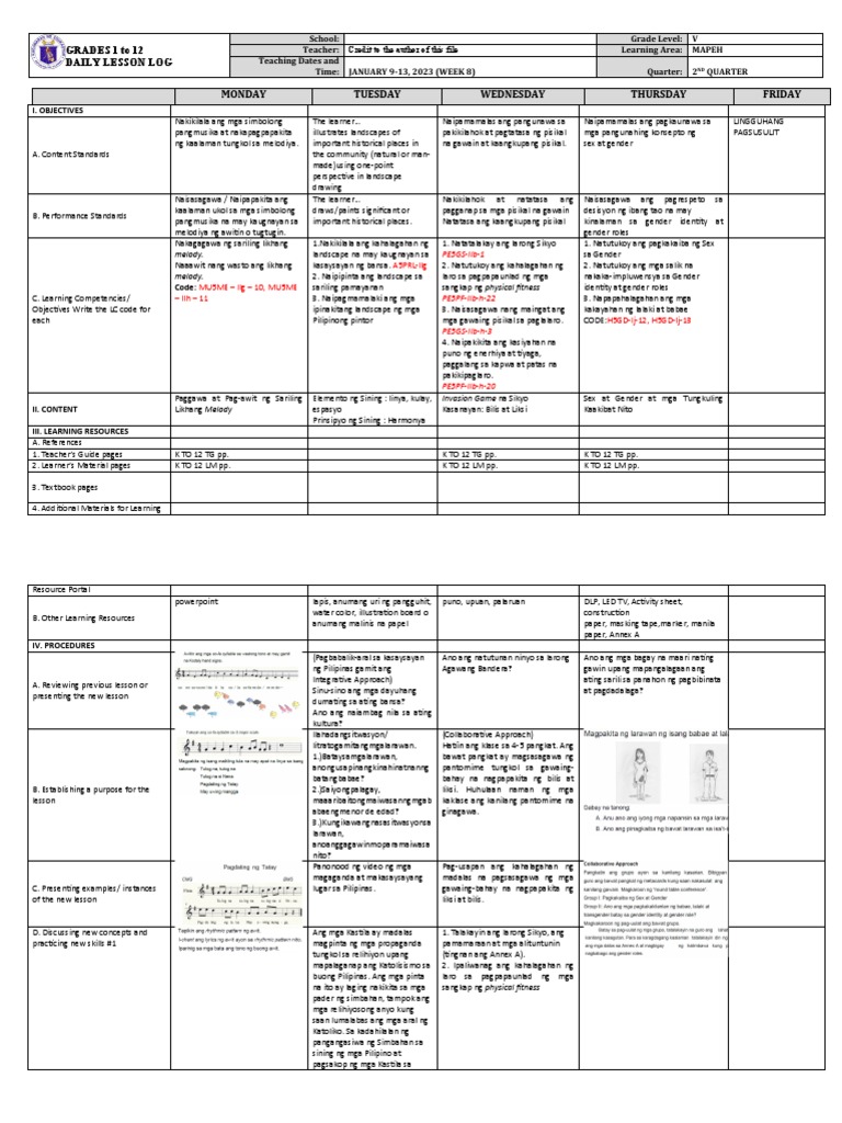 DLL - Mapeh 5 - Q2 - W8 | PDF