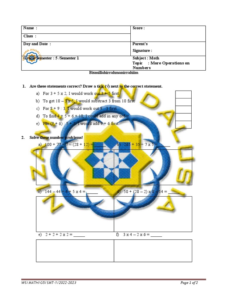 Worksheet 4 More Operations On Numbers Pdf