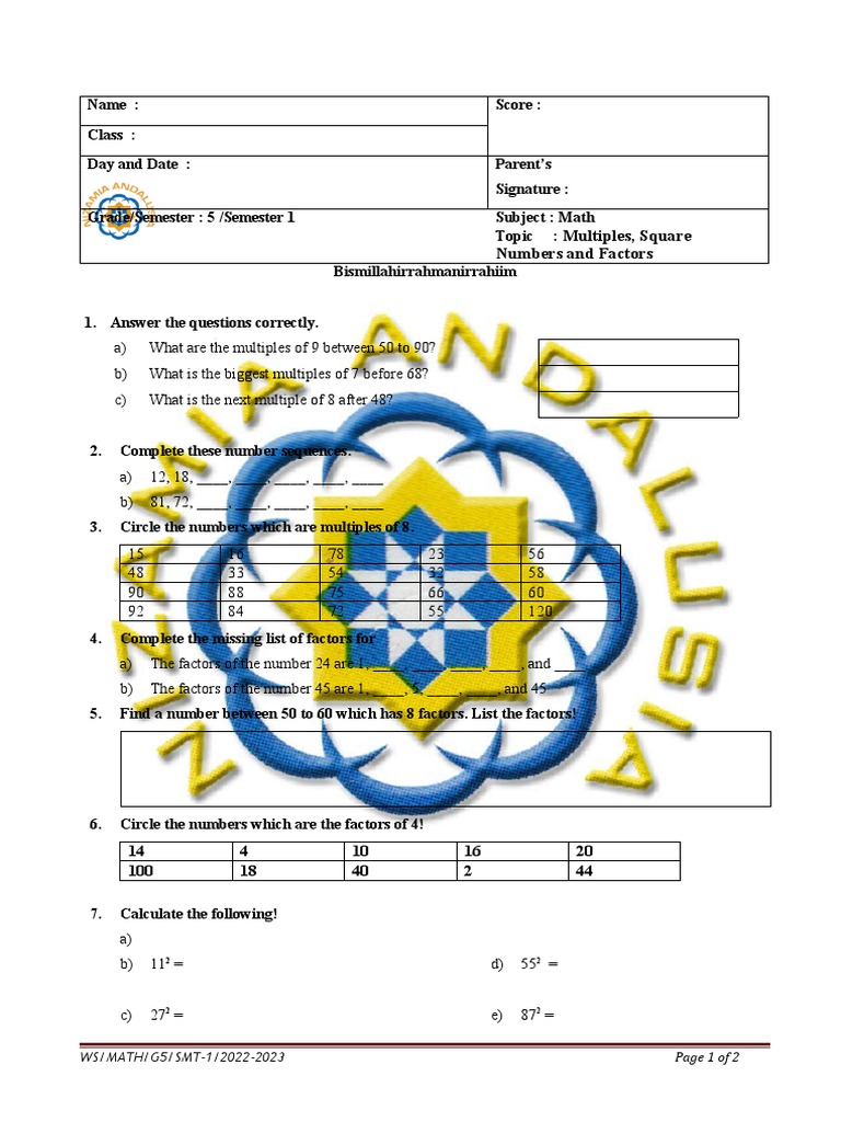Worksheet 5 - Multiples, Square Numbers and Factors | PDF | Mathematics