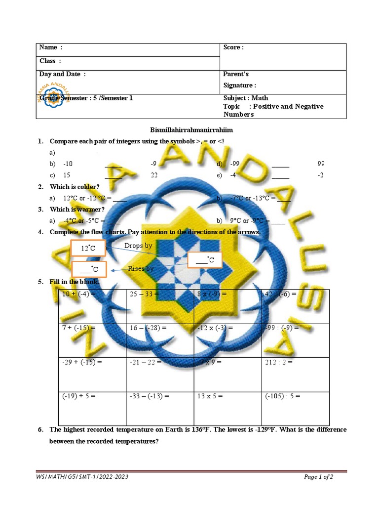 Worksheet 3 - Positive and Negative Numbers | PDF | Swimming ...