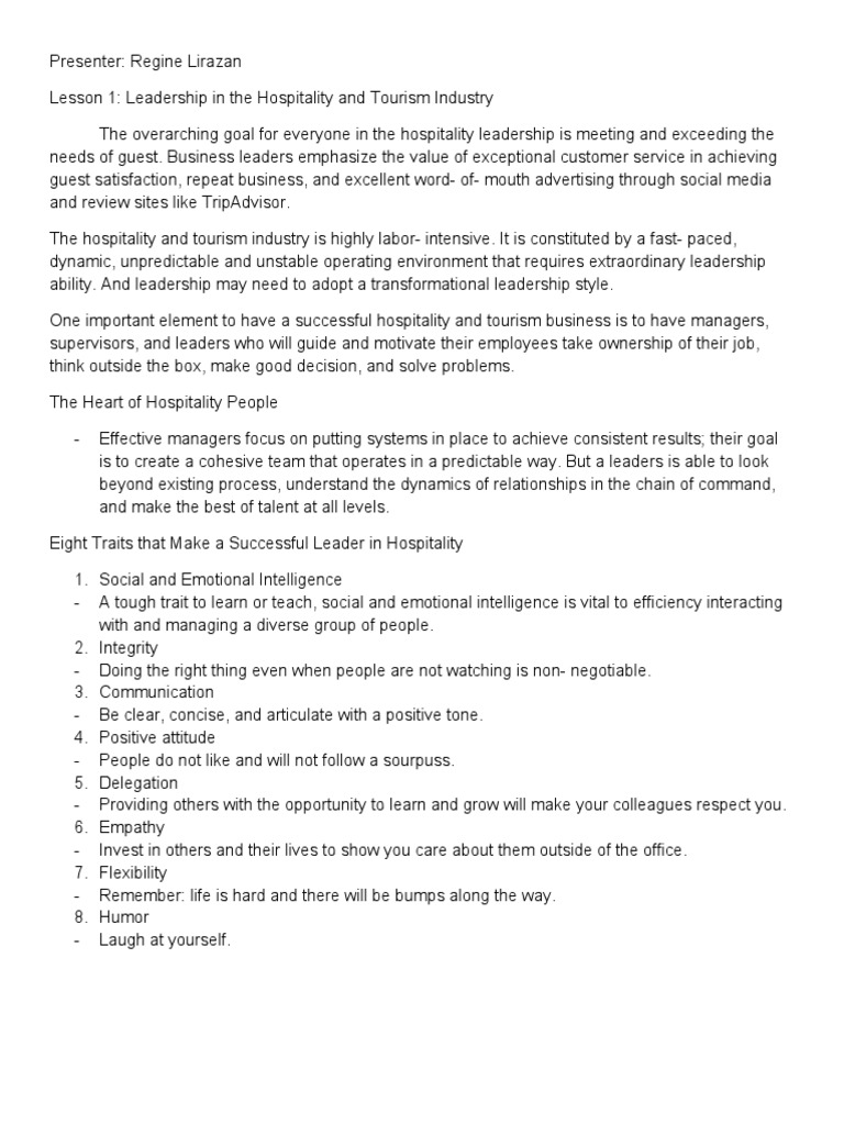 Lesson 1:: Leadership in The Hospitality and Tourism Industry | PDF