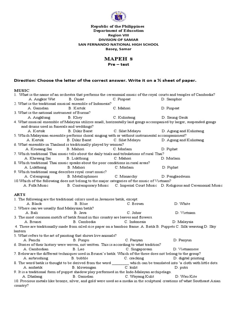 MAPEH 8 Pre-Test Questions | PDF | Physical Fitness | Gender