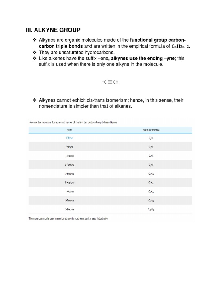 Nomenclature and Structure of Alkynes | PDF