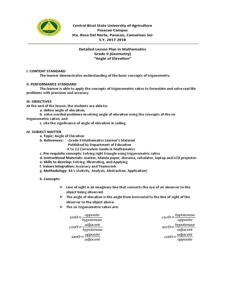Angle of Elevation Lesson Plan | PDF | Trigonometric Functions ...