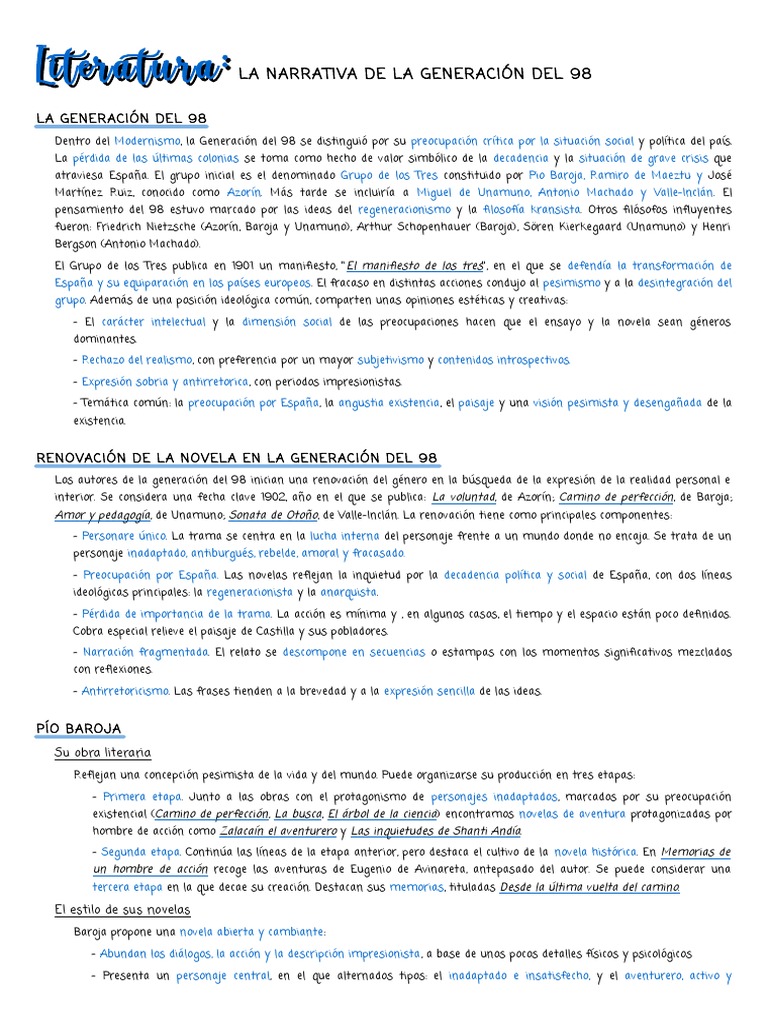 La Narrativa de La Generación Del 98 (Resumen) | PDF | Novelas