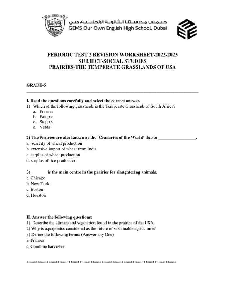 Grade 5 SST Revision Worksheet-Prairies-The Temperate Grasslands of USA ...