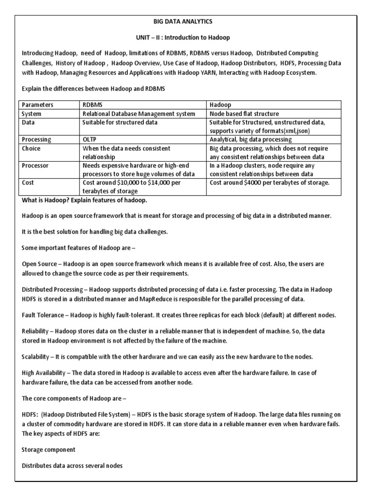 Unit 2 Introduction To Hadoop Pdf Apache Hadoop Map Reduce