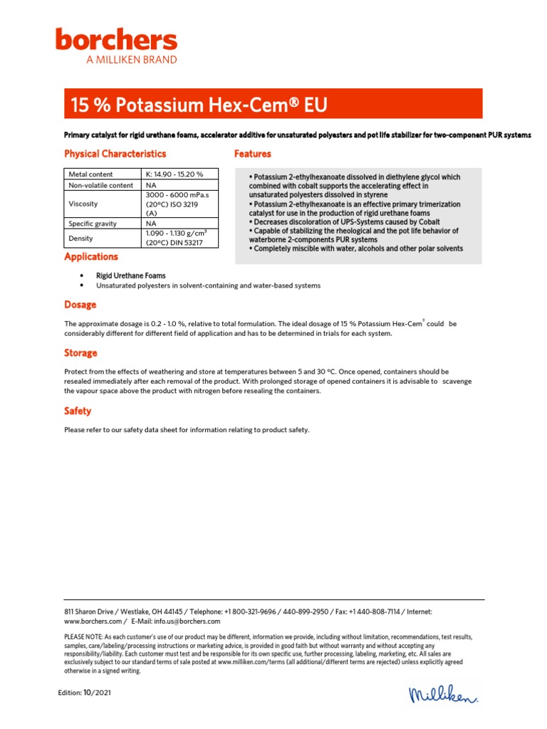 15 Potassium Hex Cem EU TDS 1 | PDF | Polyurethane | Chemical Compounds