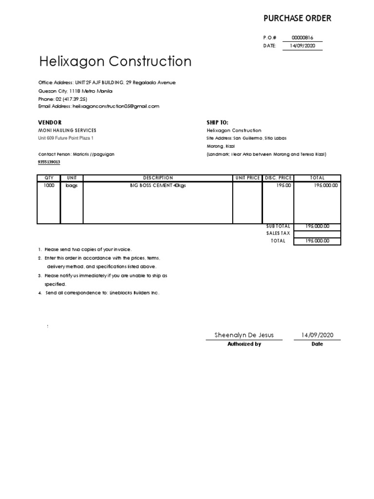Purchase Order 000816 Cement | PDF
