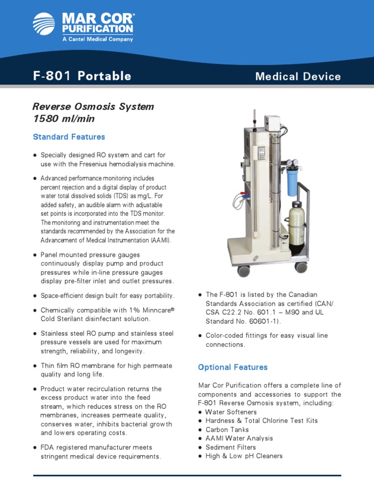 F-801 Portable: Reverse Osmosis System 1580 Ml/min | PDF | Water Purification | Membrane