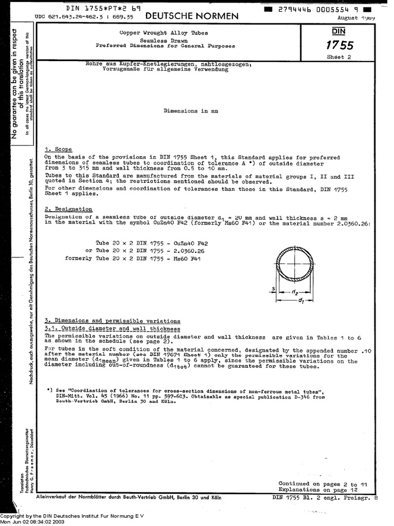 DIN 1755-2-1969, Copper Wrought Alloy Tubes - 3 | PDF