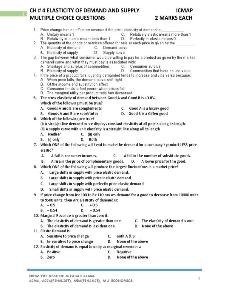 Icma Eco MCQ CH # 6 Elasticity of Demand and Supply | PDF | Elasticity (Economics) | Price ...