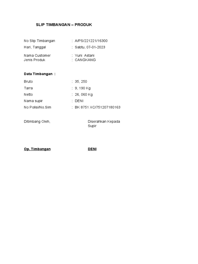 Format Slip Timbangan Cangkang | PDF