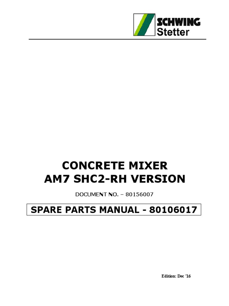 Schwing Stetter AM7 SHC2 Spare Parts List | PDF | Screw | Pipe (Fluid ...