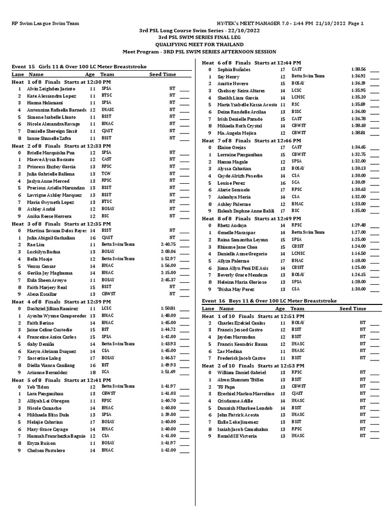 3rd PSL Swim Meet Program Afternoon Session | PDF | Recreation | Sports