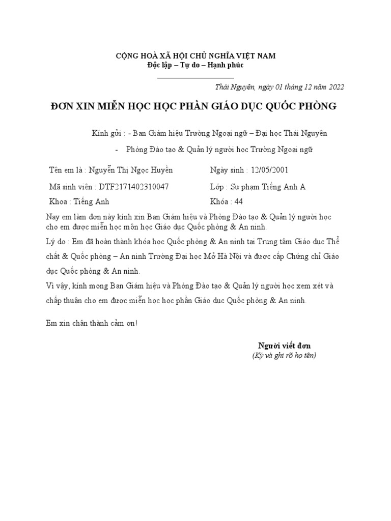 Đơn Xin Miễn QPAN | PDF