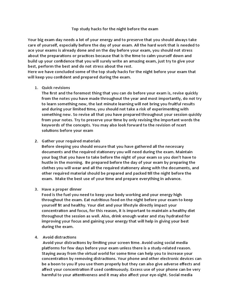 Top Study Hacks For The Night Before The Exam Pdf Health Sciences