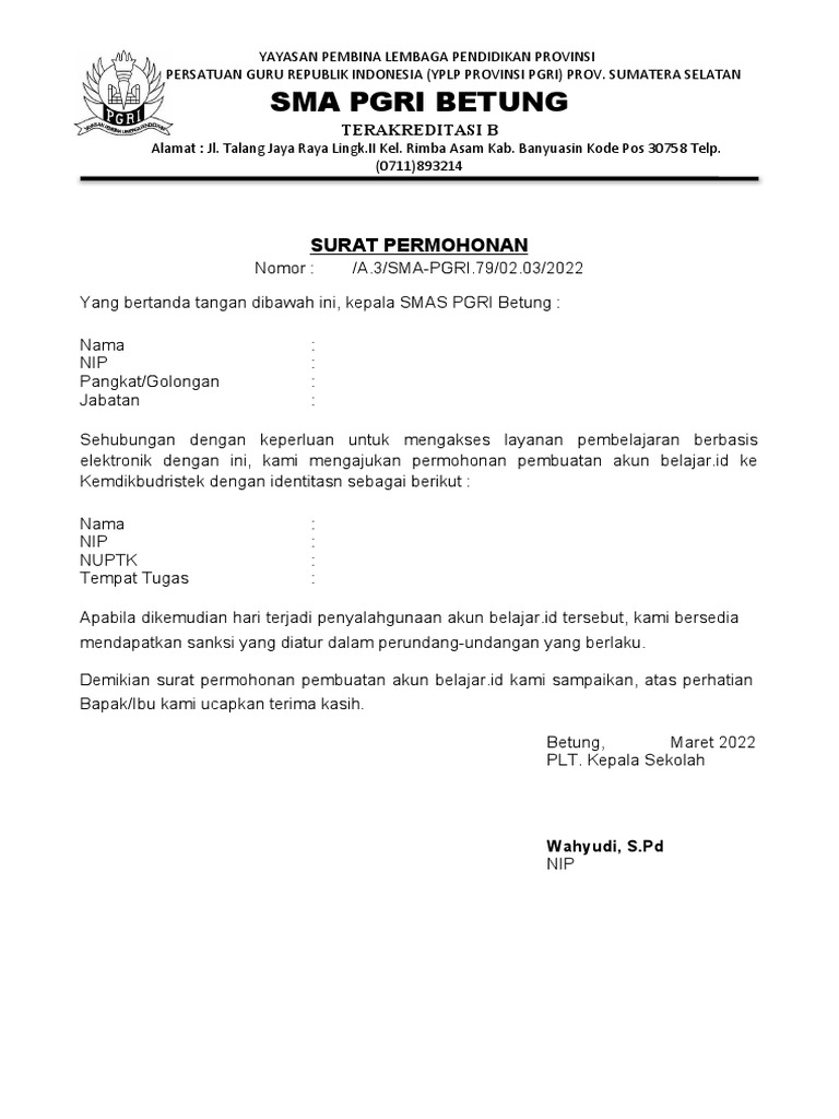 Surat Permohonan Akun Belajar - Id | PDF Surat Permohonan Akun Belajar - Id | PDF