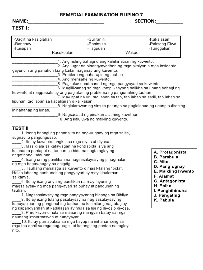 Remedial Examination Filipino 7 | PDF