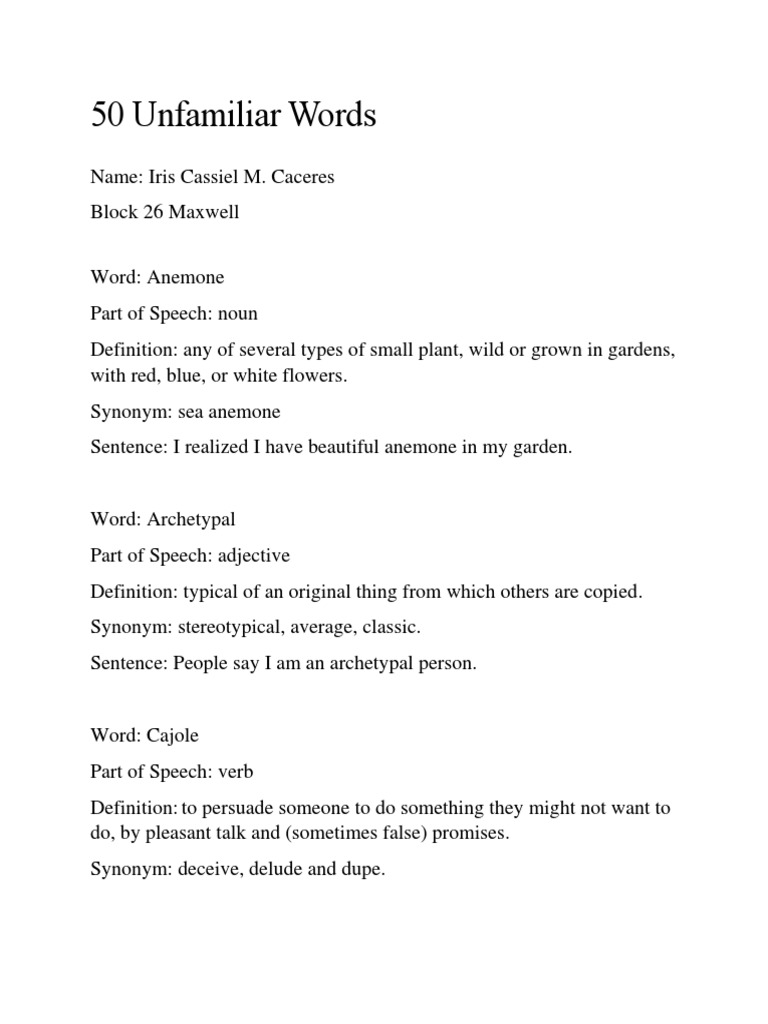 50 Unfamiliar Words Iris Cassiel Caceres BLOCK 26 MAXWELL | PDF | Part ...