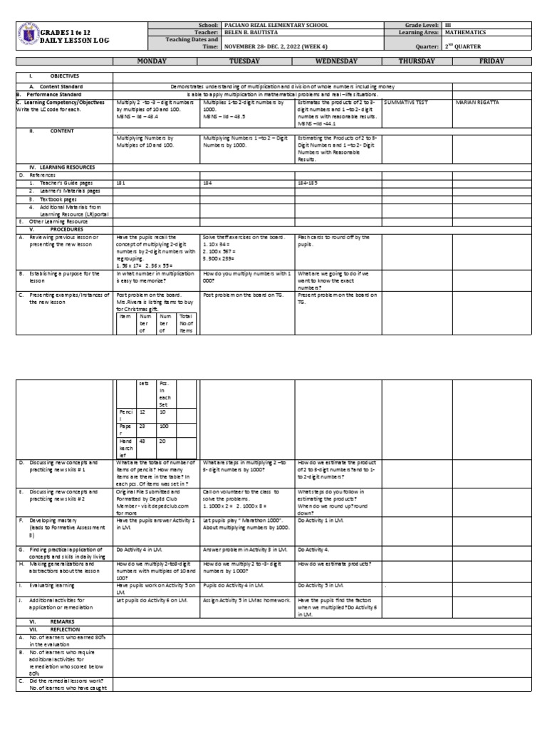 DLL Quarter 2 Week 4 MATHEMATICS 3 | PDF | Learning | Teachers