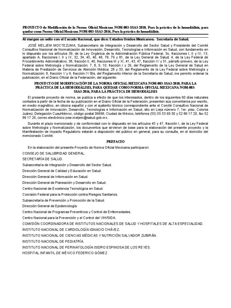 NOM-003-SSA3-2016 para Hemodialisis | PDF | Hemodiálisis | Hospital