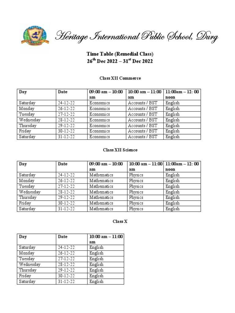 Time Table Remedial Class | PDF