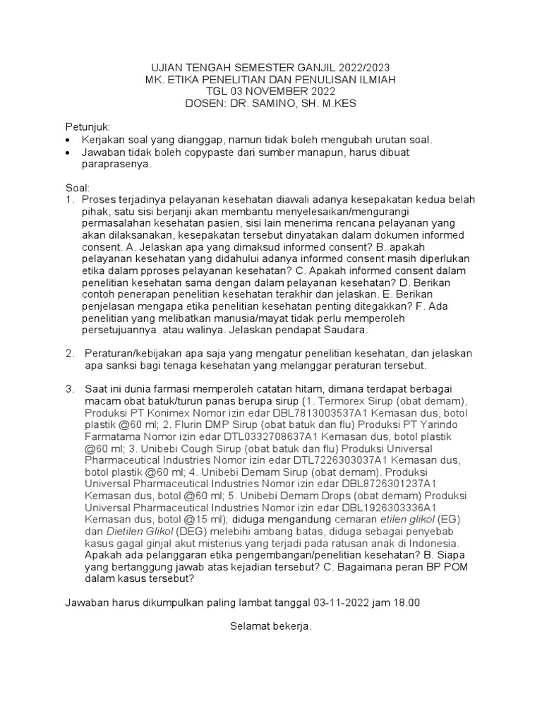 Soal Uts Etika Dan Penulisan Ilmiah 2022 | PDF