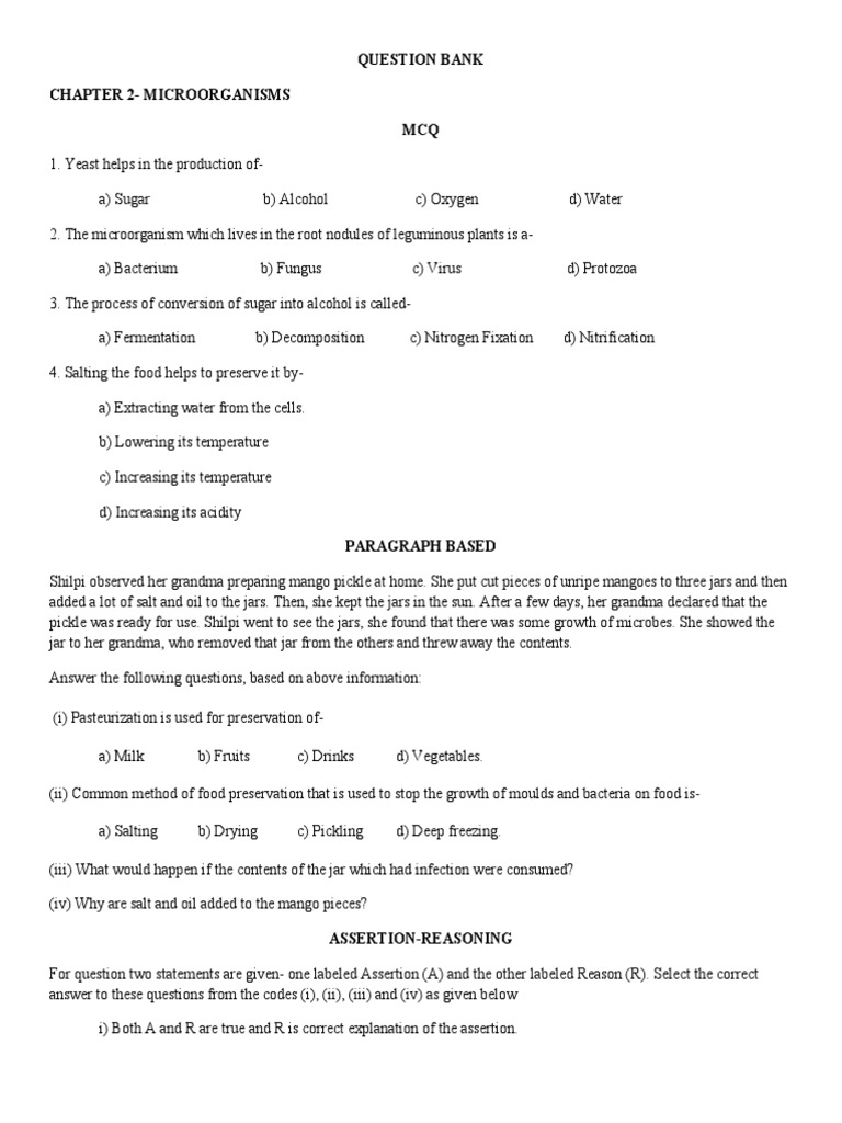 Class 8 Microorganisms Question Bank | PDF | Microorganism | Food ...