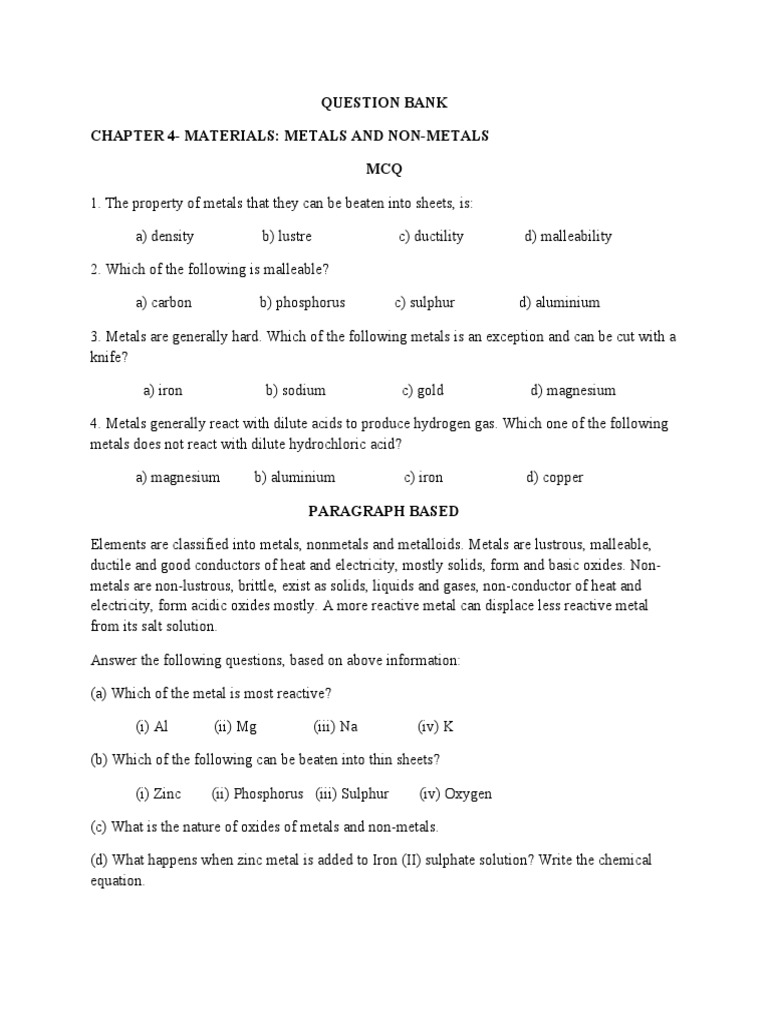 Class 8 Metals and Non-Metals Worksheet | PDF | Metals | Oxide