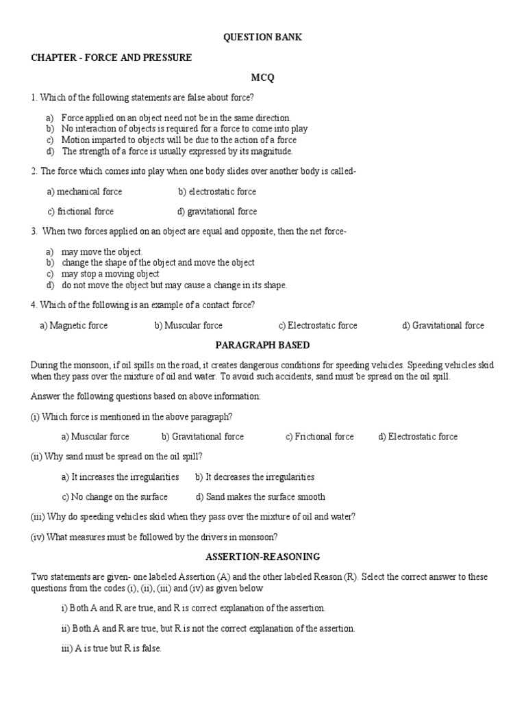 Class 8 Force and Pressure Question Bank | PDF | Force | Pressure