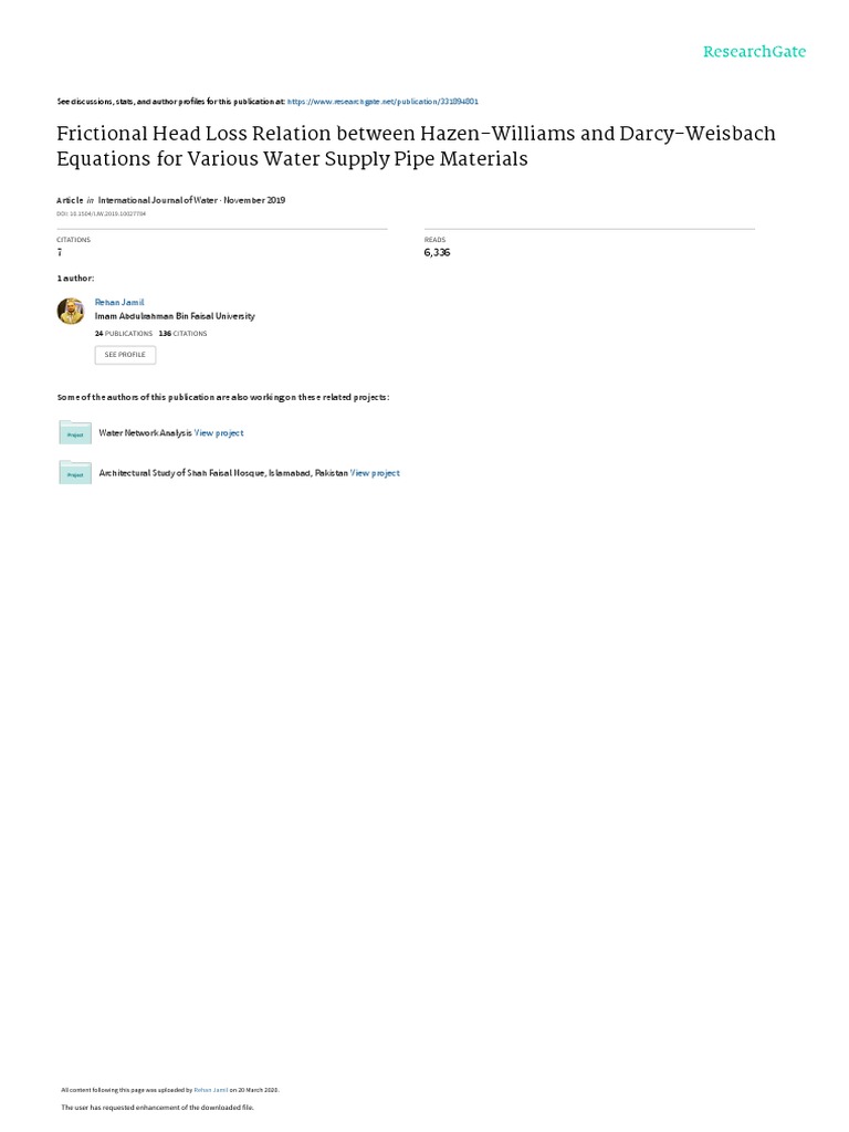 Frictional Head Loss Relation Between Hazen-Williams and Darcy-Weisbach ...