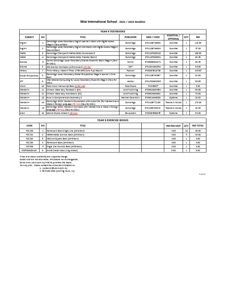 NIS 2021-2022 Booklist - Year 9 | PDF | Textbook | Books