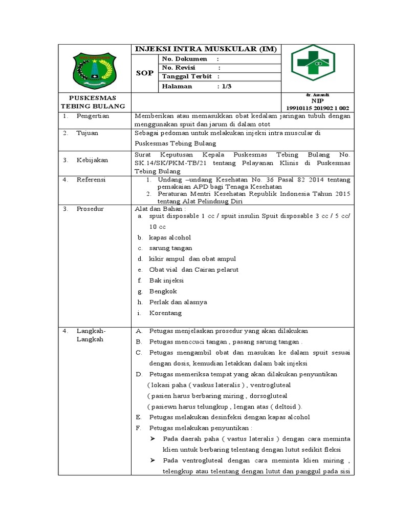SOP Injeksi Intramuskular IM | PDF