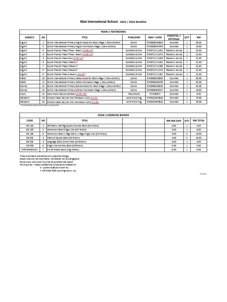 NIS 2021-2022 Booklist - Year 1 | PDF | Books