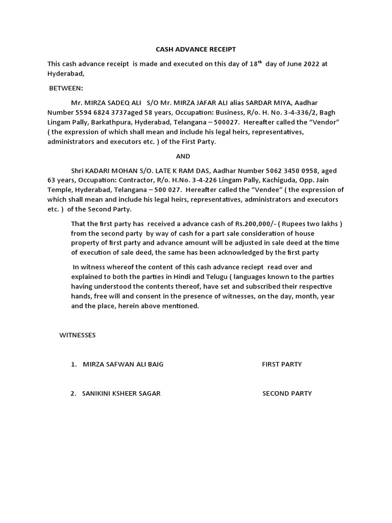 Cash Advance Receipt Agreement | PDF