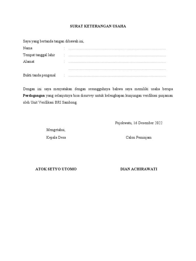 Surat Keterangan Usaha | PDF | Olahraga & Rekreasi