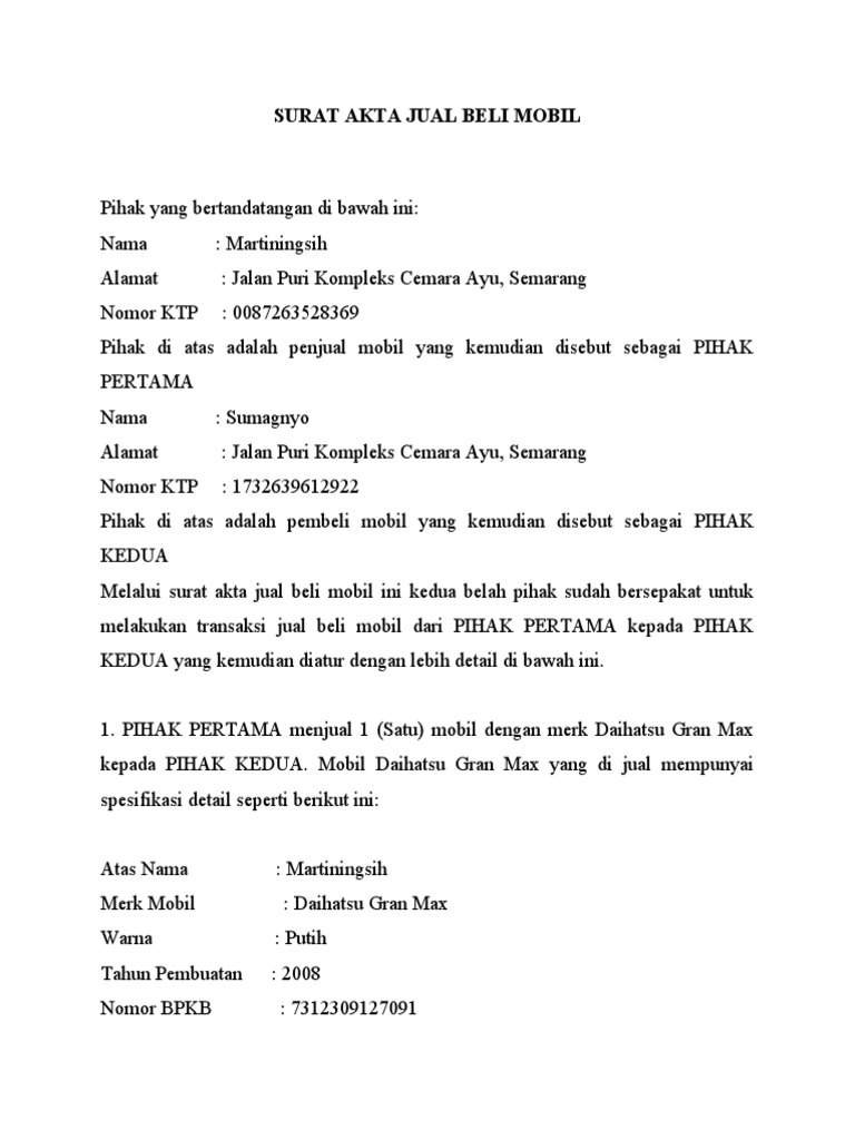 Surat Akta Jual Beli Mobil | PDF