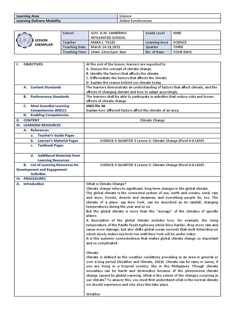 Le Science 9 Q3 (W5) | PDF | Climate | Weather