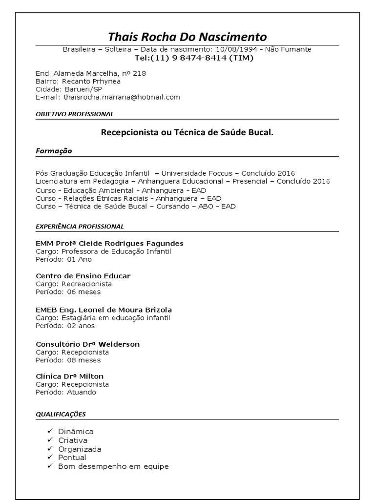 Thais Rocha Do Nascimento CV (Recepcionista) | PDF | Autoajuda | Bem-estar