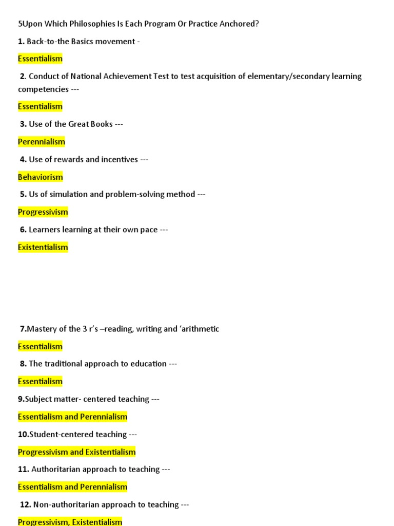 Upon Which Philosophies Is Each Program or Practice Anchored | PDF